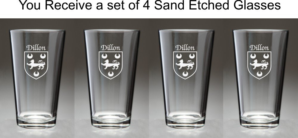 Dillon Irish Coat of Arms Pint Glasses - Set of 4 (Sand Etched) - Equipment