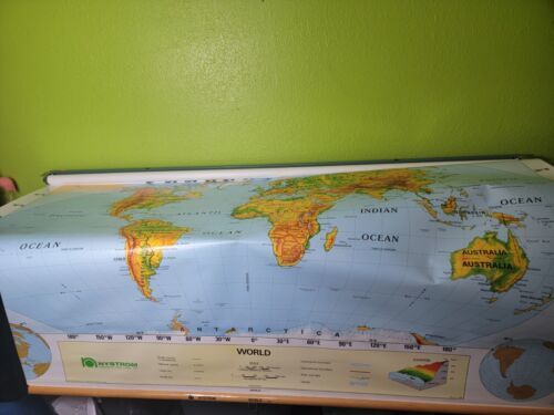 Vintage Nystrom World Map Pull Down Large Classroom Teach School 60" EUC - World Maps