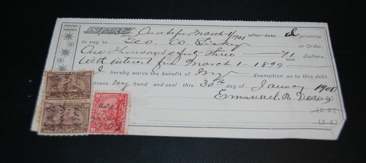 1900 Promissory Note $1043 10, 2 Cent Documentary Stamps Antique - 1900 ...