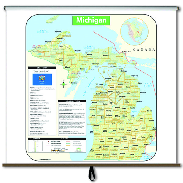 Michigan Large Scale Shaded Relief Wall Map on Roller - Maps & Atlases