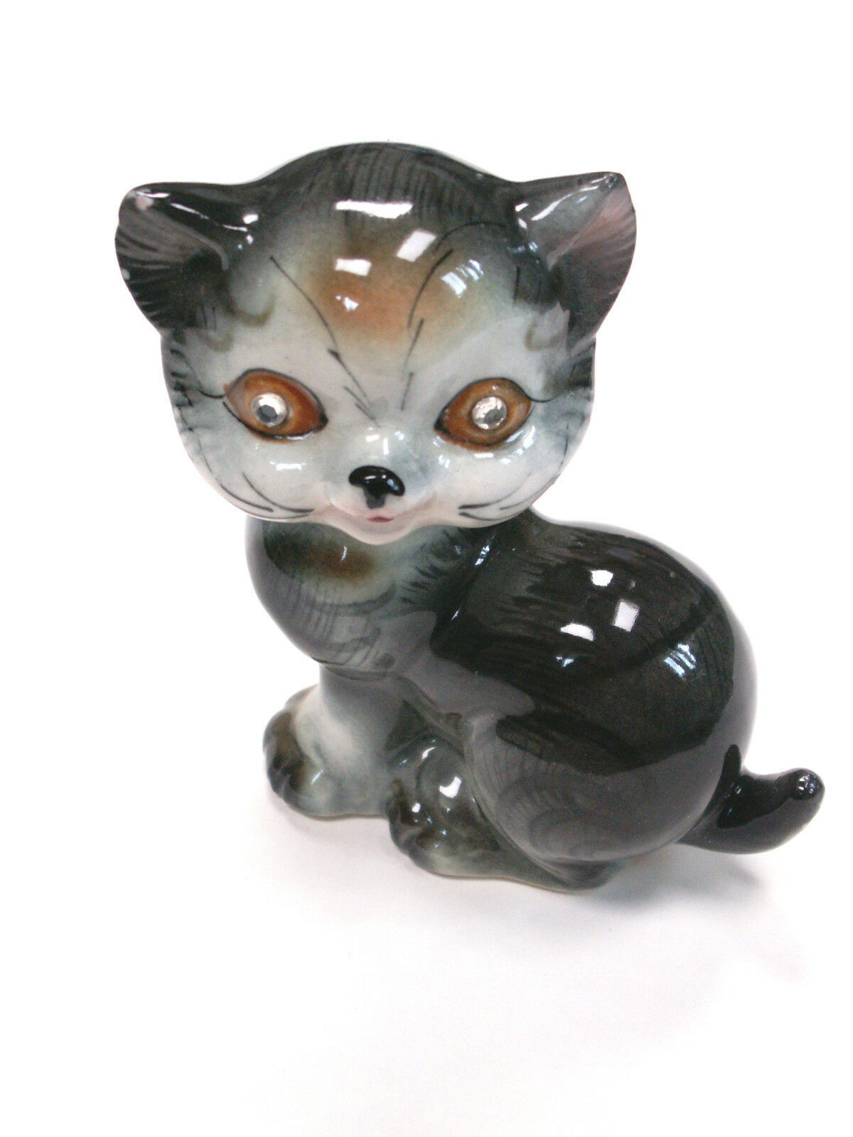 Vintage Cat Figurine Ceramic Gray Tiger Striped Rhinestone Jewel Eyes ...