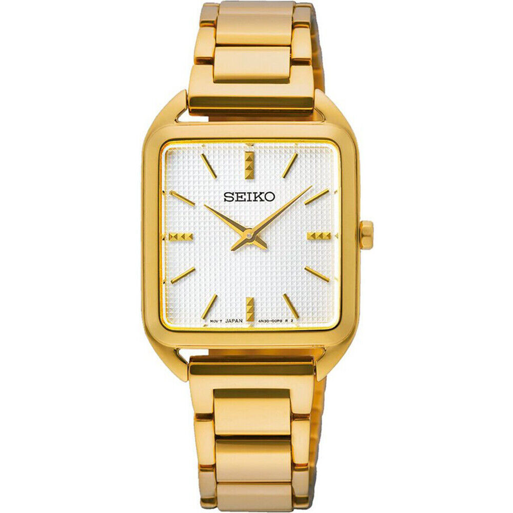Seiko SWR078P1 Gold Watch, Angular Dial, White Waffle Pattern, Quartz ...