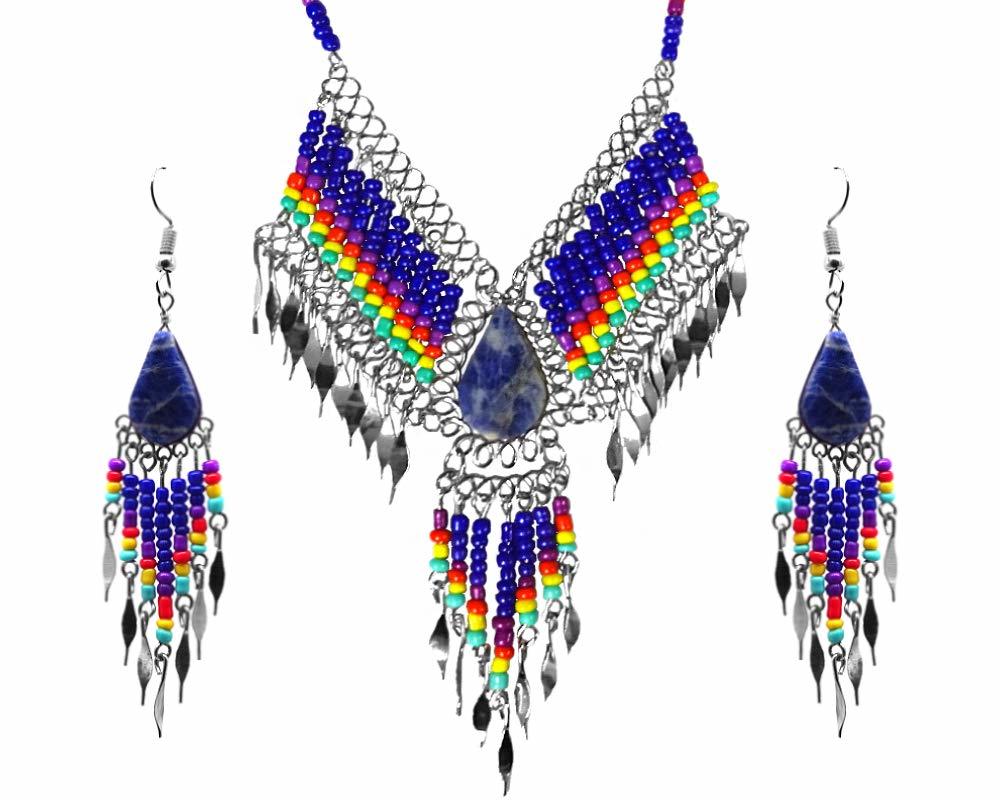 Native American Inspired Teardrop Stone Cabochon Long Beaded Metal ...