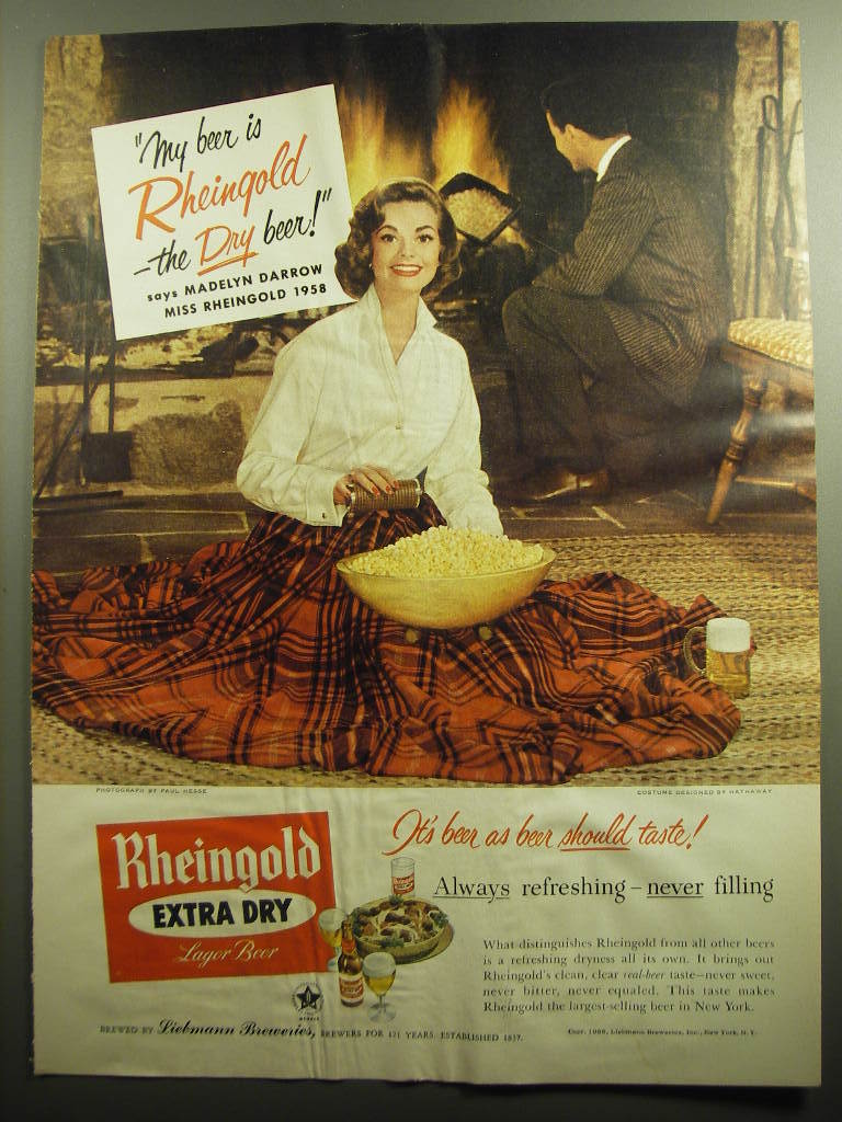 1958 Rheingold Beer Ad - Popcorn by the Fire - 1980-89