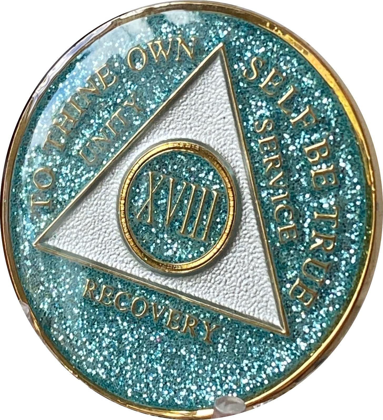 18 Year AA Medallion Aqua Glitter Tri-Plate Sobriety Chip - Office
