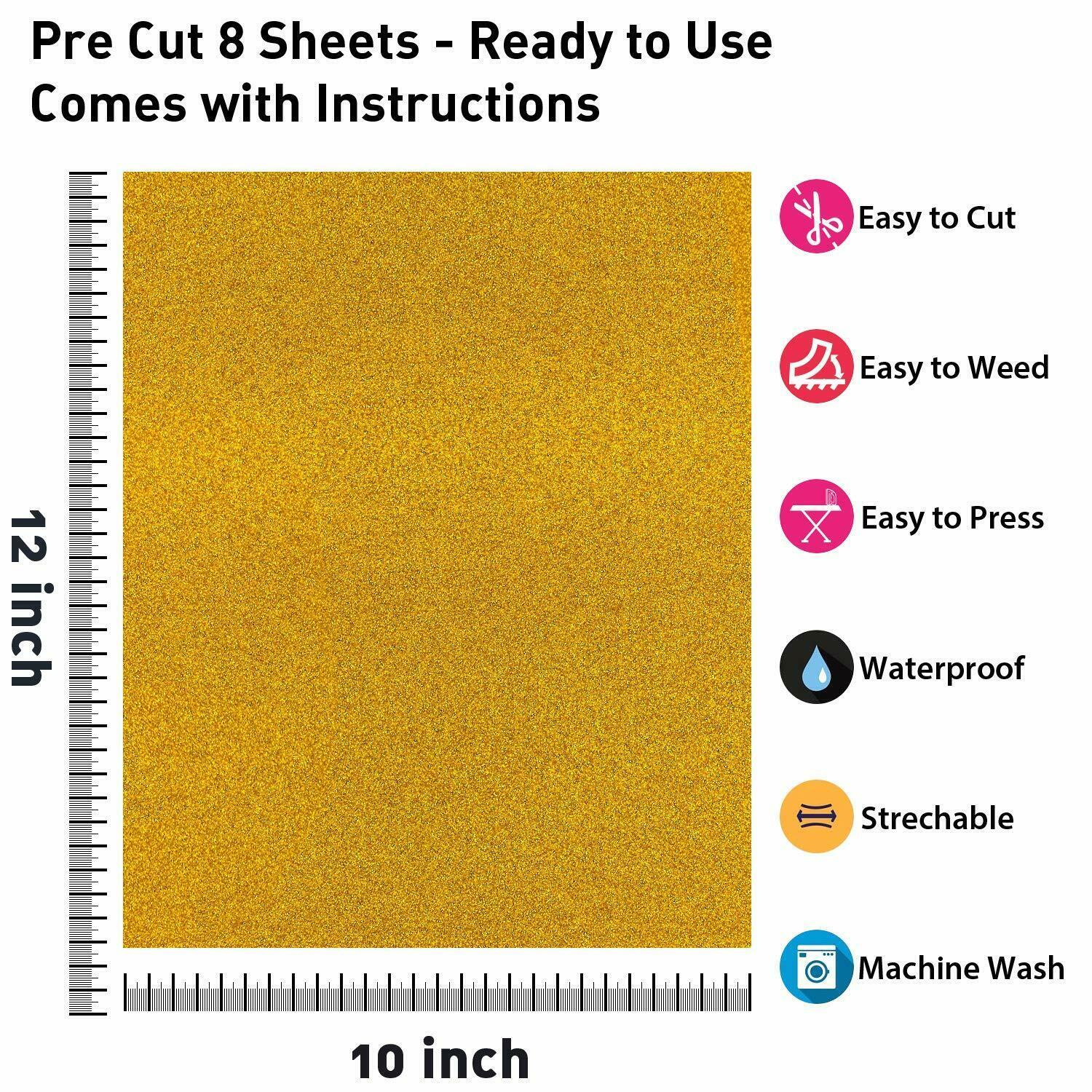 10 Sheet 12"x10" Gold Glitter HTV Heat Transfer Vinyl for Cricut ...