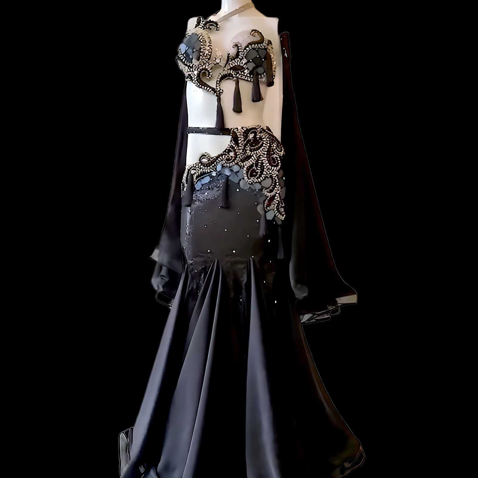 Goddess Black Belly Dance Costume: Baroque Tribal Crystal Dress - Dresses