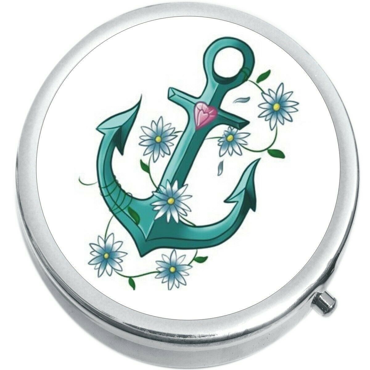 Teal Anchor Flowers Medicine Vitamin Pill Box - Pill Boxes, Pill Cases