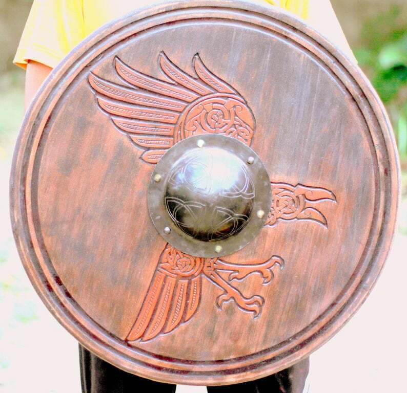 Raven Viking Shield Hand Carving Norse Raven Wooden Round 24" - Armor ...