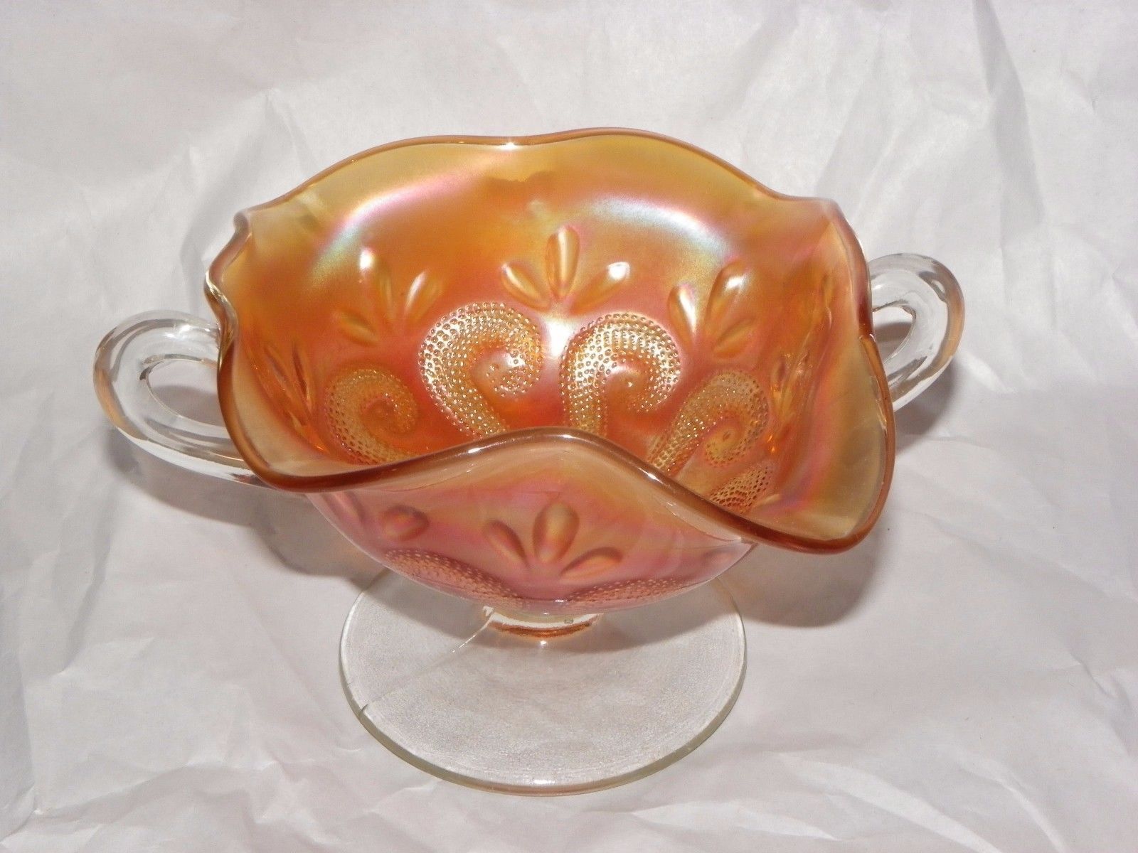 Dugan Glass Question Marks Marigold Carnival Glass 2 Handle bon bon ...