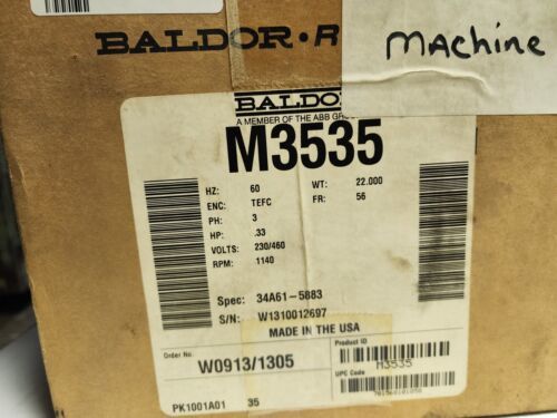 Baldor 1/3 HP 3 Ph. 1140 RPM Motor 56 frame Cat No. M3535 Spec. 34A61 ...
