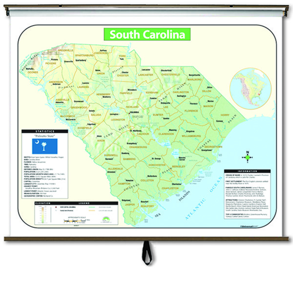 South Carolina Large Scale Shaded Relief Wall Map on Roller with ...
