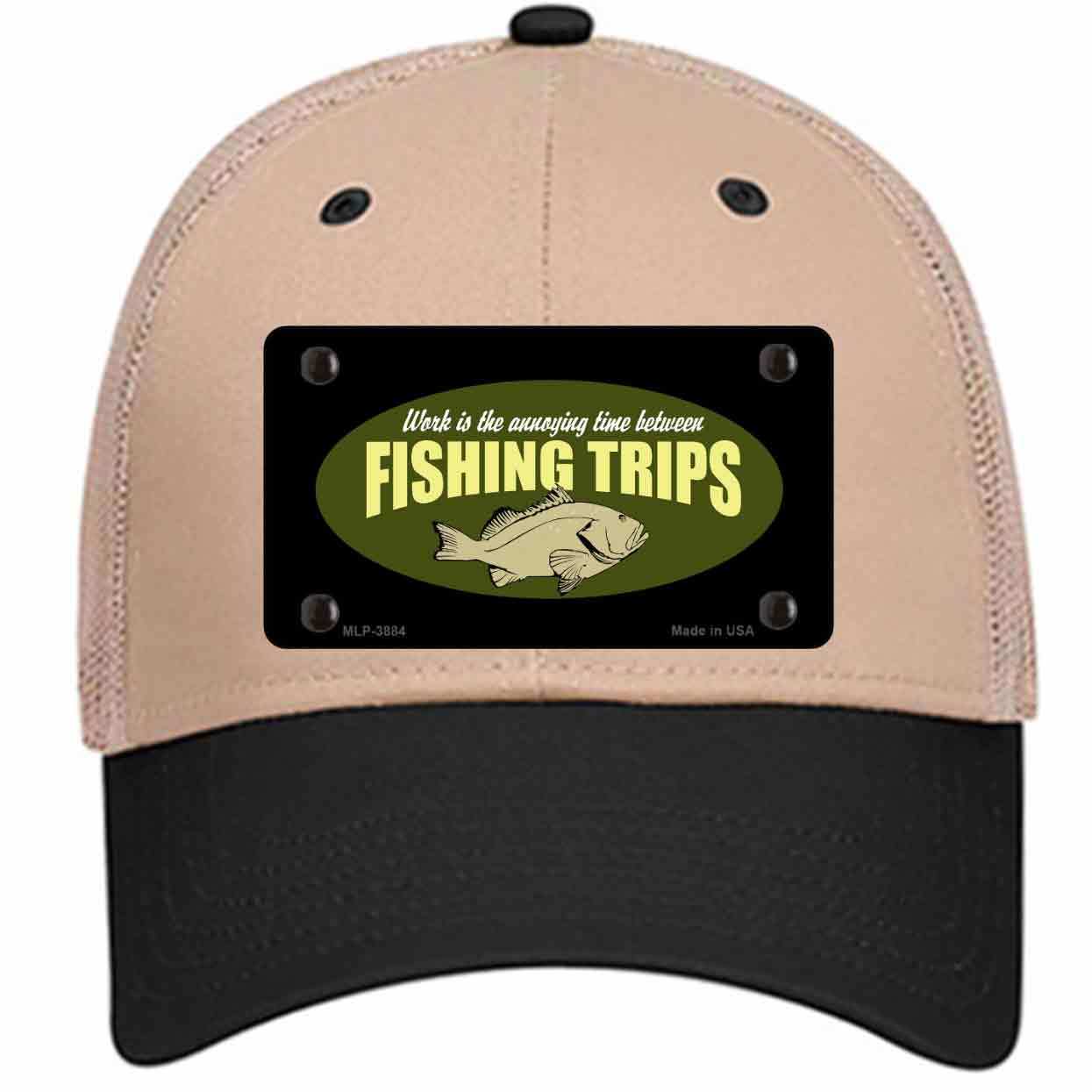 Fishing Trips Novelty Khaki Mesh License Plate Hat - Hats