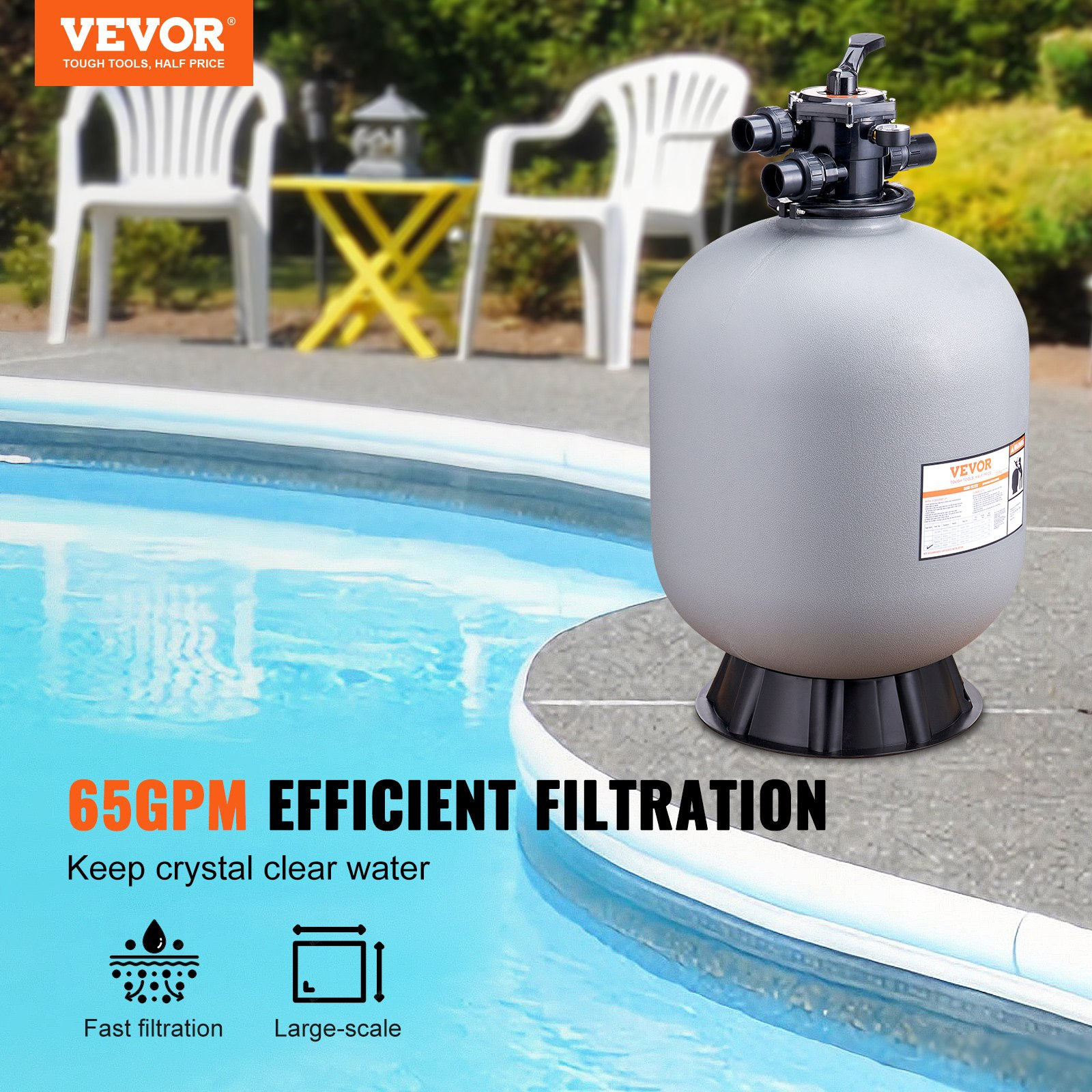 24" Sand Filter System for Pools, 65 GPM, 7-Way Valve, Inground/Above ...