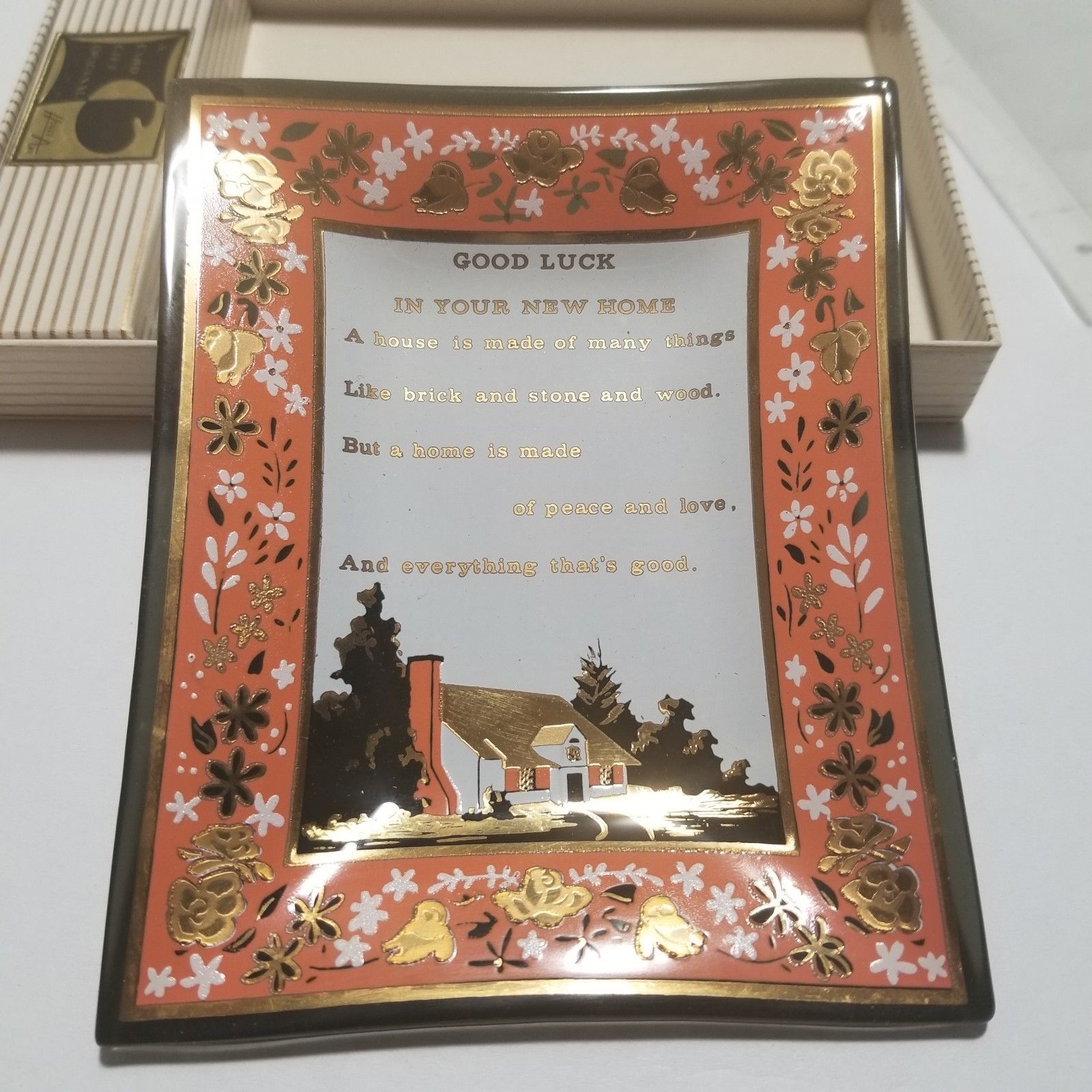 Houze Art Good Luck In Your New Home Glass Tray NIB Vtg - 1960s