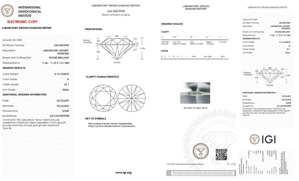 Authenticity Guarantee 6.13 Ct ROUND Cut IGI Certified Lab Grown CVD ...