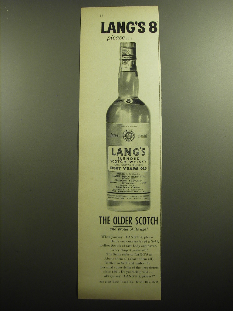 1958 Lang's Scotch Advertisement - Lang's 8 please.. the older Scotch ...