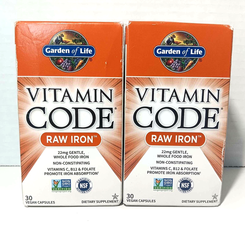 2 Bottles Garden of Life Vitamin Code RAW Iron 30 Vegan Caps Gluten ...