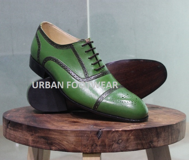 New Mens Handmade Shoes Brogue Green Leather Toe Cap Oxford Brogue ...