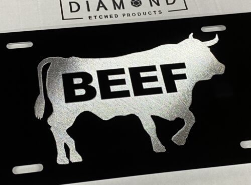 Engraved Eat Beef Car Tag Diamond Etched Cattle Farmer Aluminum License ...