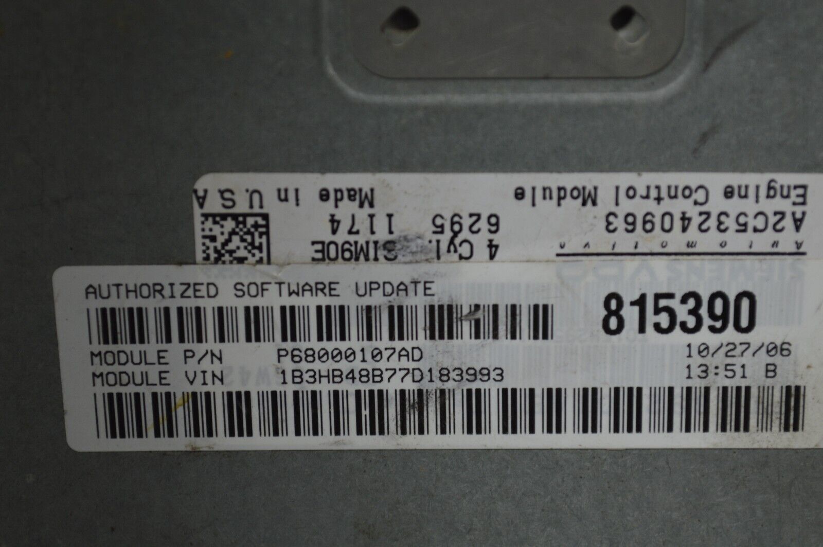 07-10 Dodge Caliber Engine Control Unit ECU P68000107AD Module 937-28C4 ...