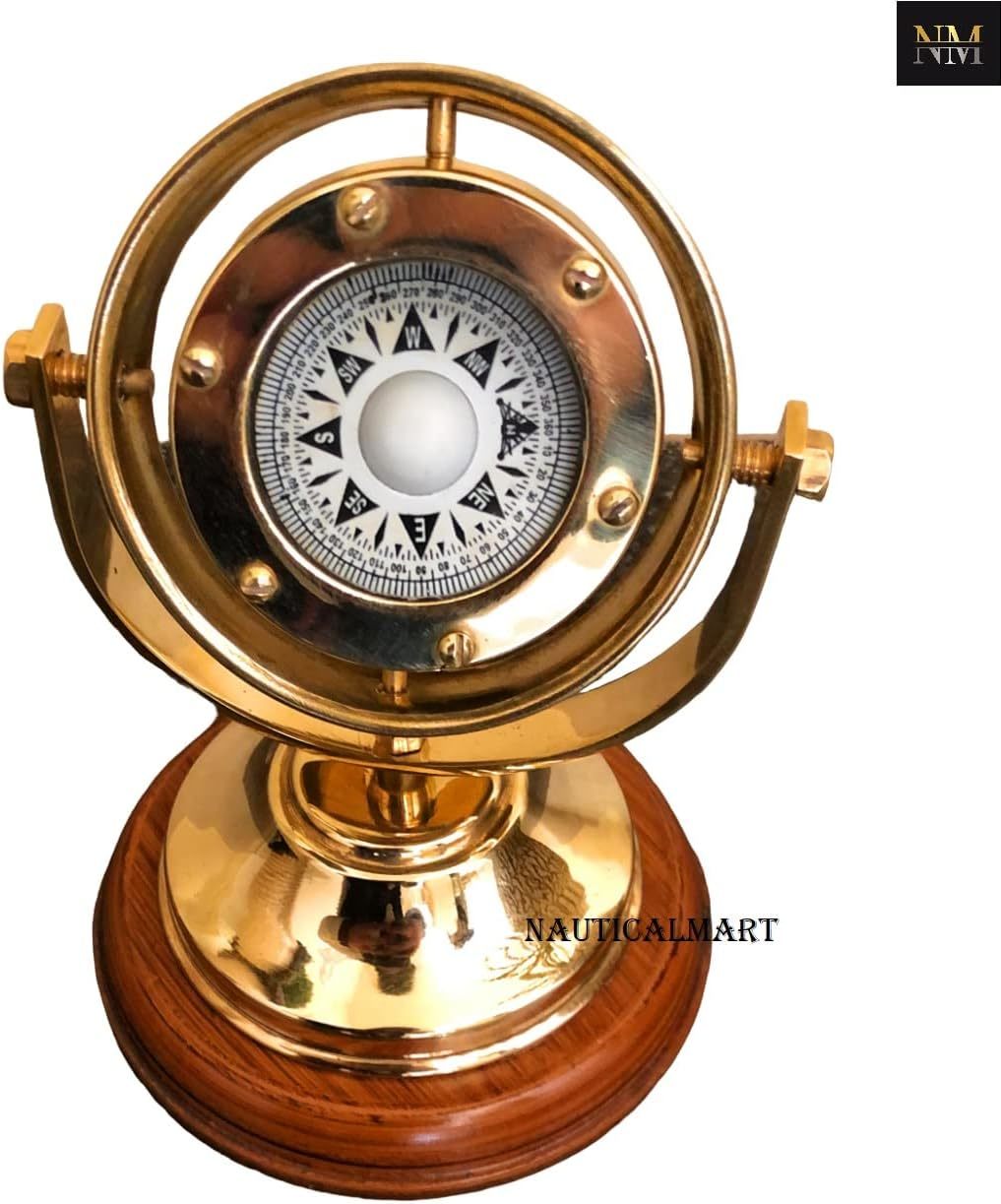 Nautical 3xglass 5" Brass Plated Gimbal Compass with Stand - Home ...