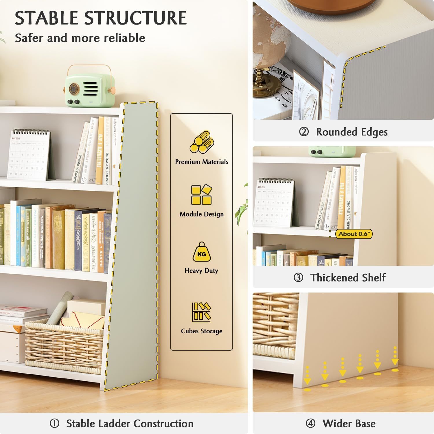 Iotxy Wooden Extendable Shelf Bookcase - 3-Tier Ladder Low Short ...