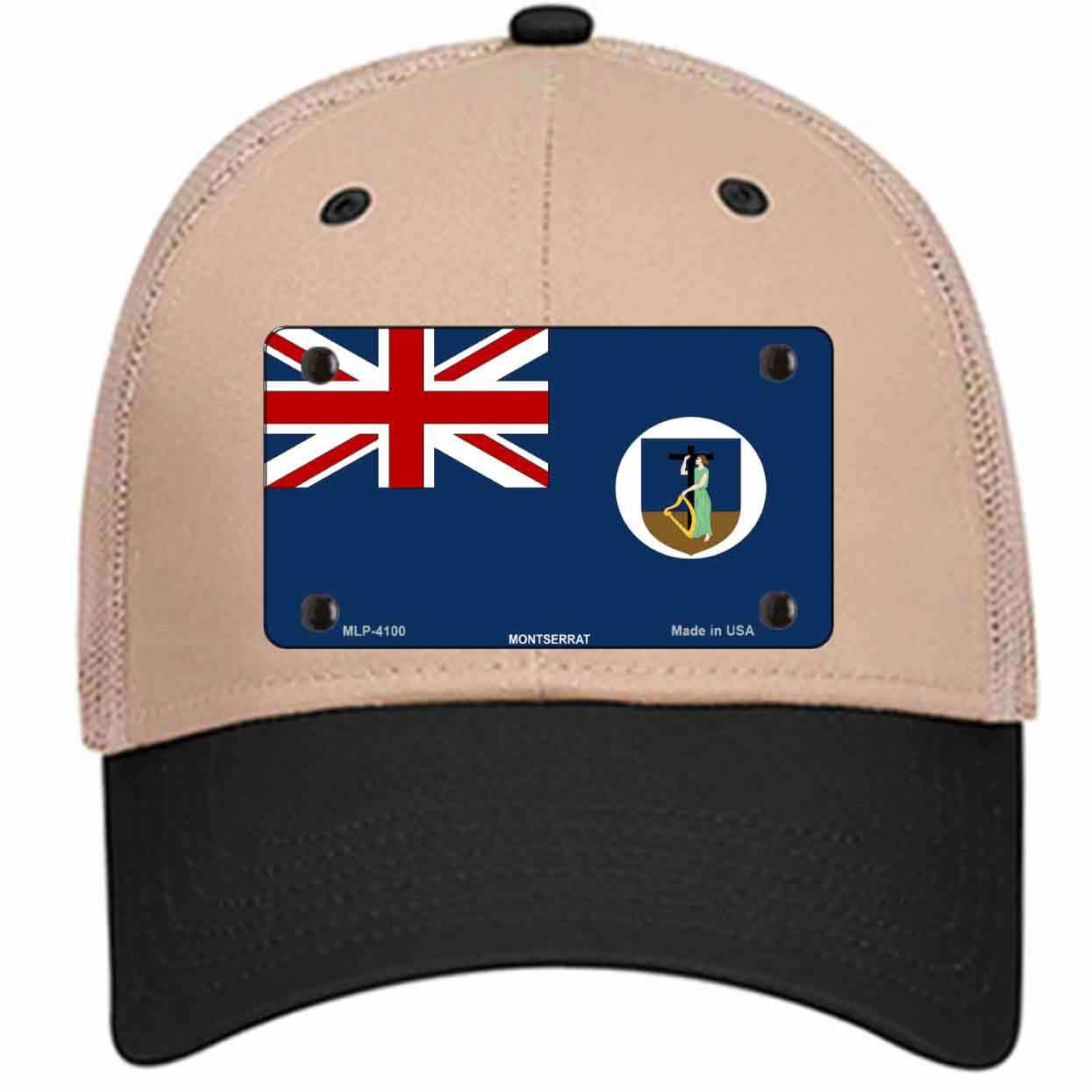 Montserrat Flag Novelty Khaki Mesh License Plate Hat - Hats