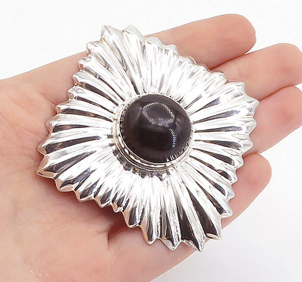 MEXICO 925 Sterling Silver - Vintage Black Onyx Shiny Fluted Brooch Pin ...