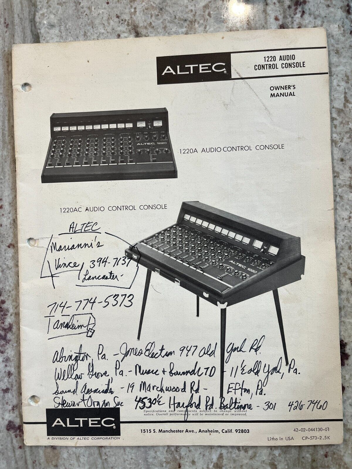 Altec Model 1220 Audio Control Console Owner's Manual *Original ...