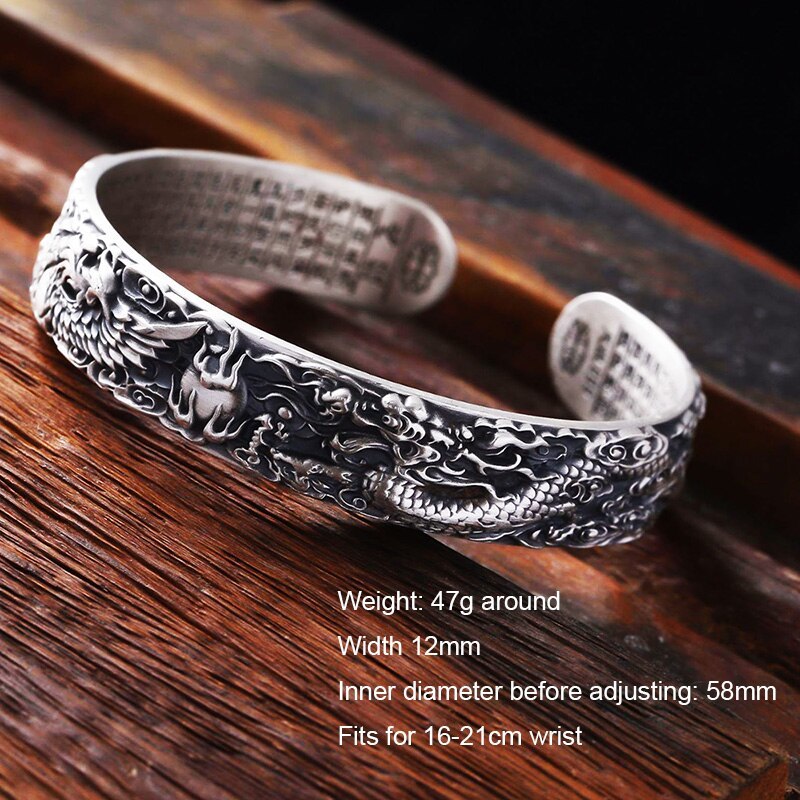 Real 999 Pure Silver Dragon and Phoenix Bangles for Men Heart Sutra ...