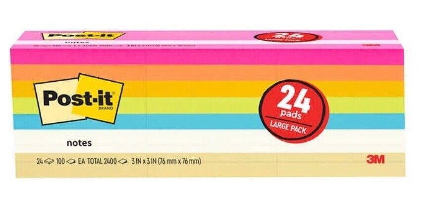 3M Post-It Sticky Notes 3x3” Assorted Colors 100 Sheet/Pad, 24 Pads ...
