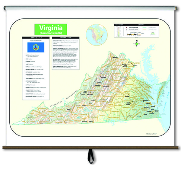 Virginia Large Scale Shaded Relief Wall Map on Roller - Maps & Atlases