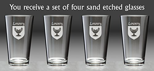 Lowery Irish Coat of Arms Pint Glasses - Set of 4 (Sand Etched) - Equipment