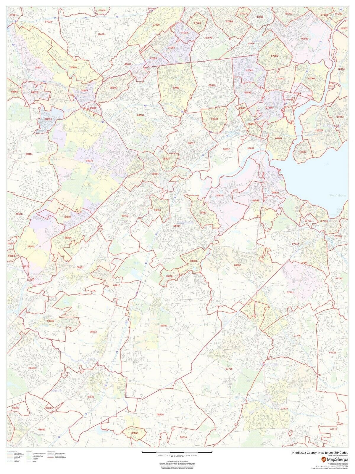 Middlesex County, New Jersey ZIP Codes Laminated Wall Map (MSH) - Maps ...