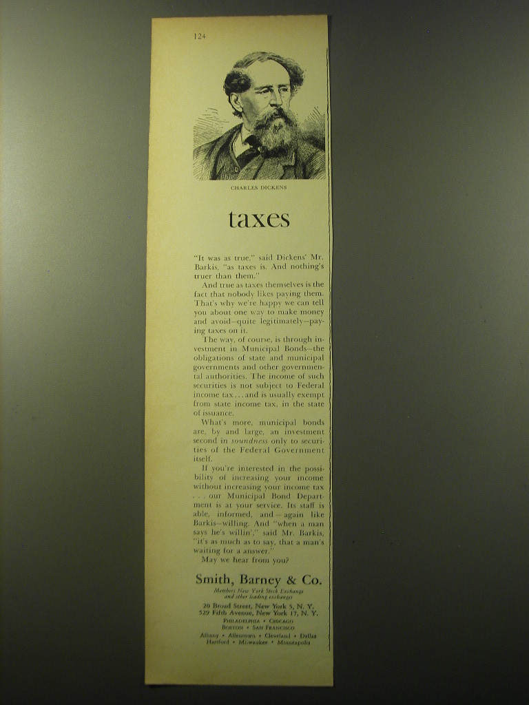 1960 Smith, Barney & Co. Ad - Charles Dickens taxes - 1980-89