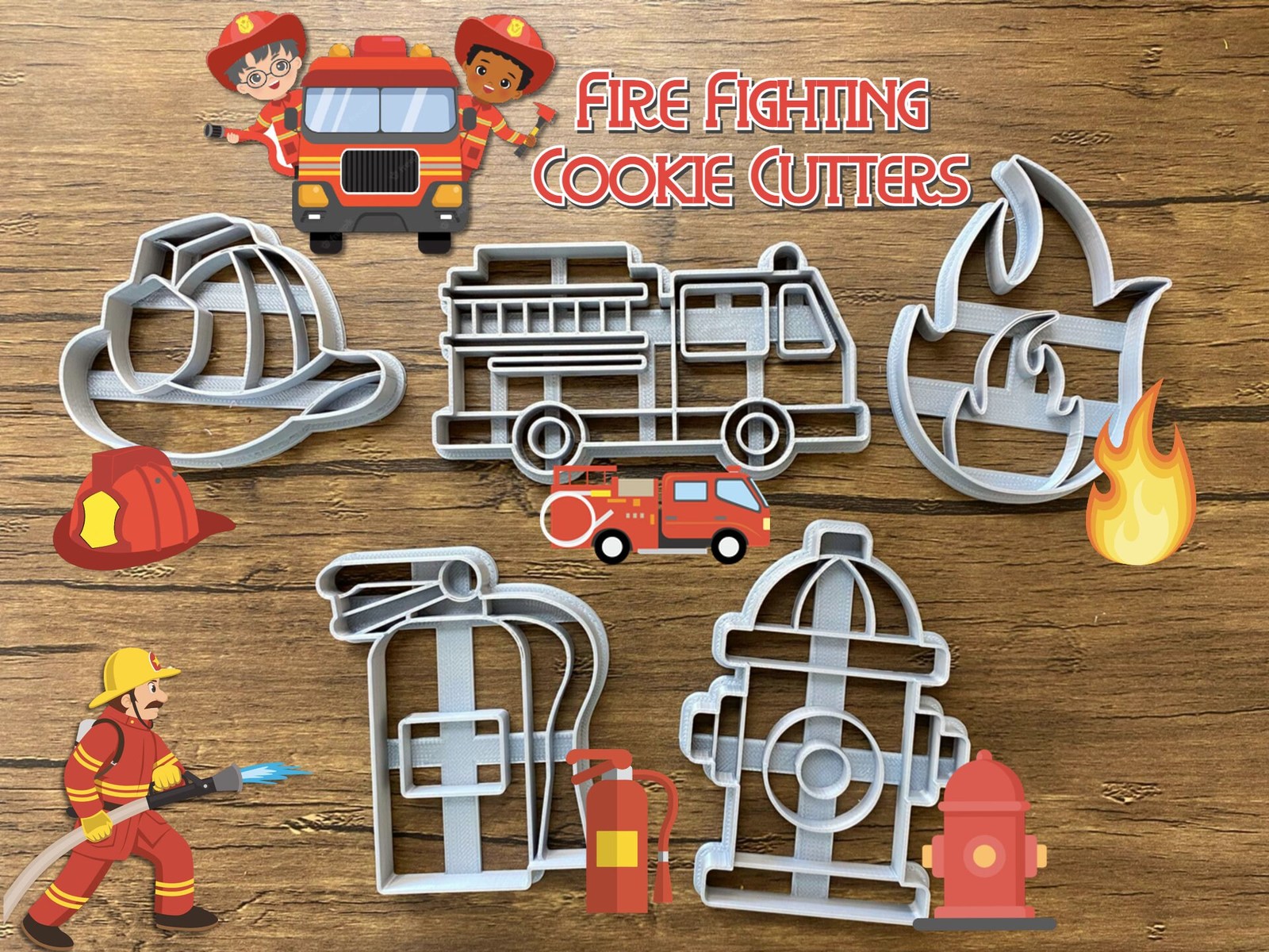 Fire Fighting Set of 5 Cookie Cutters | Fire Helmet | Fire Extinguisher ...