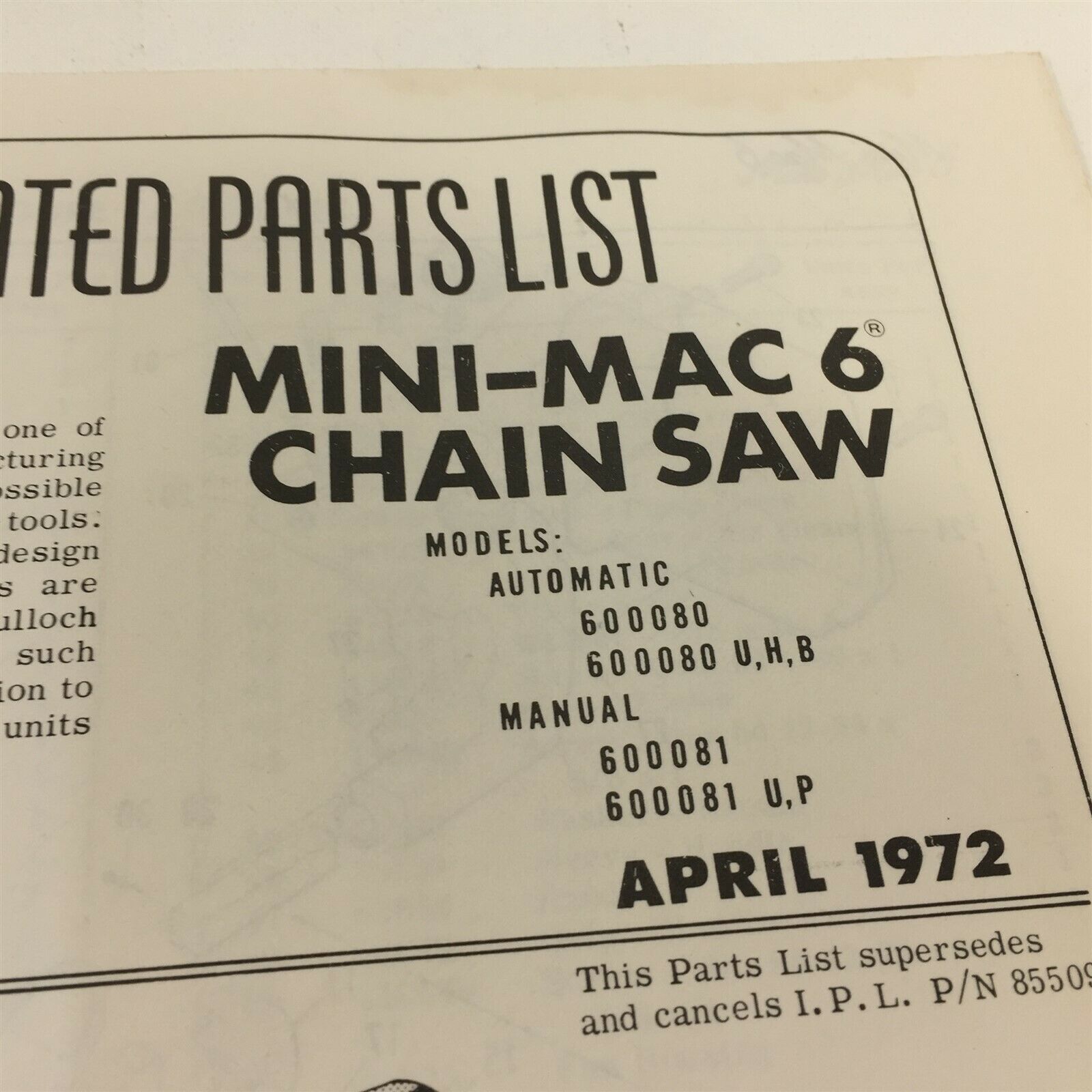 1972 McCulloch Mini-Mac 6 Chain Saw Illustrated Parts List 86497 600080 ...