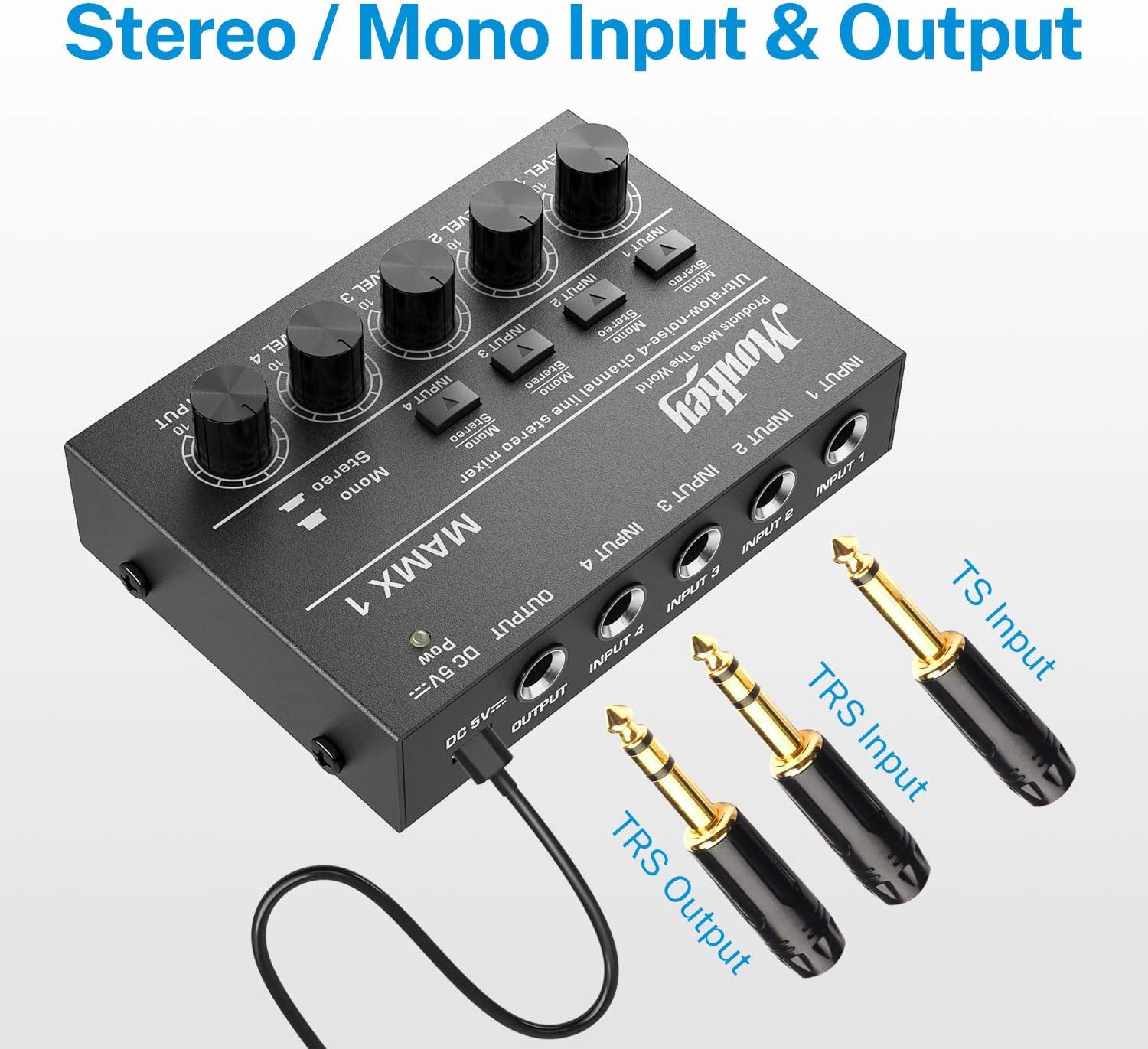 Moukey Ultra Low-Noise 4-Channel Line Mixer for Sub-Mixing, DC 5V 4-Stereo Mini - Pro Audio ...