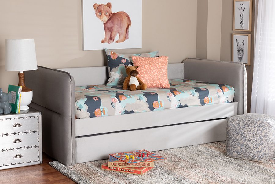 Parkin Modern Light Gray Velvet Fabric Full Size Daybed w/Trundle ...