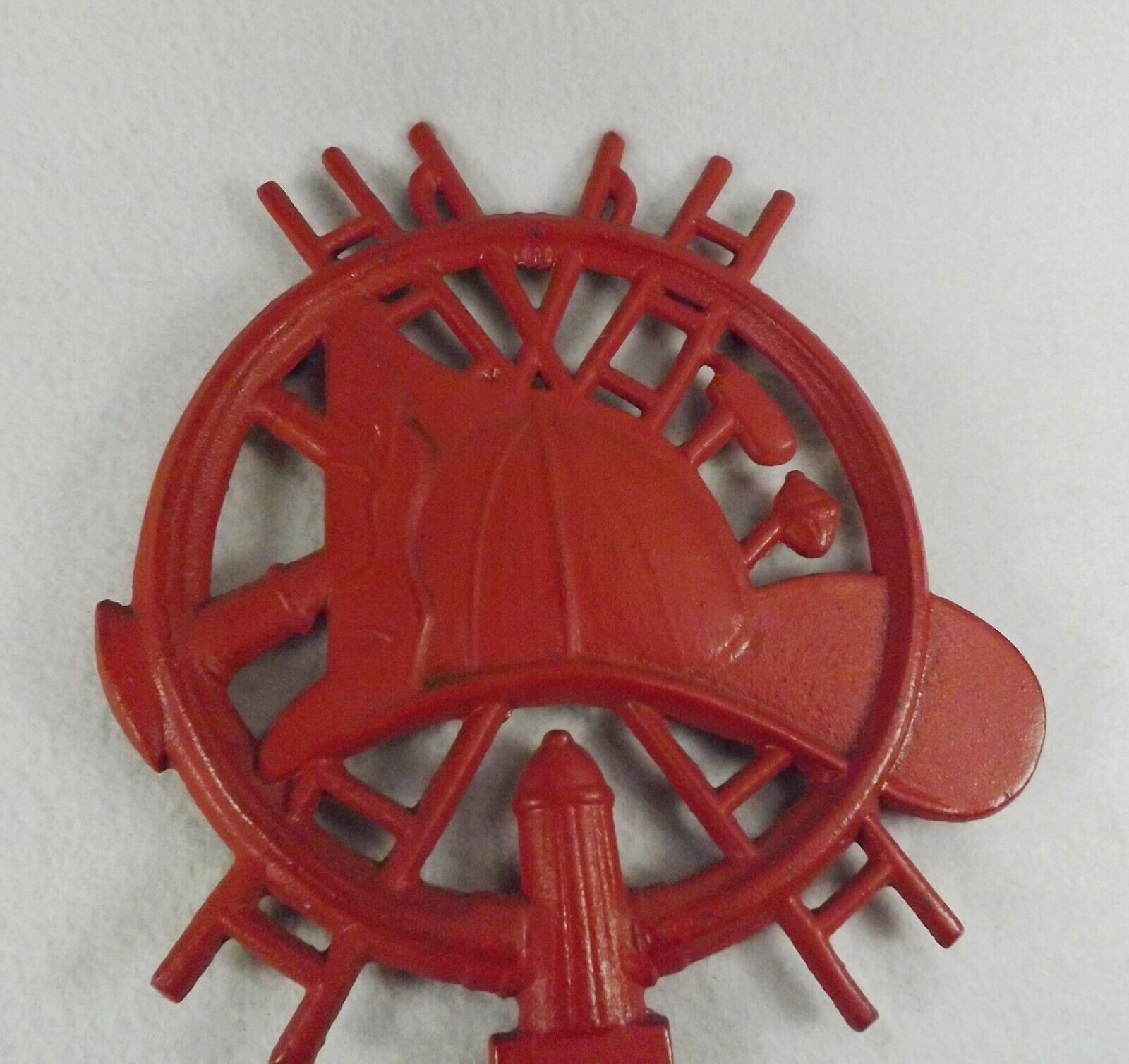 Red Fireman Cast Iron Trivet Fire Hat Ladders Hydrant Numbered Vintage ...