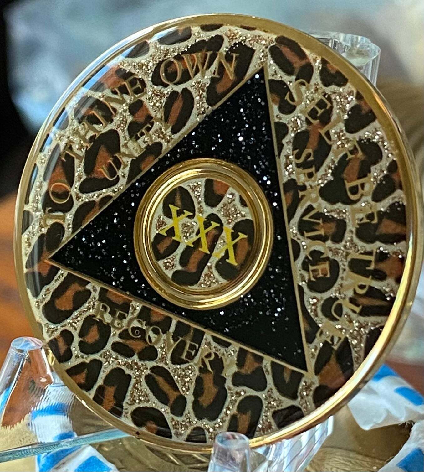 30 Year AA Medallion Leopard Color Animal Print Tri-Plate Sobriety Chip ...