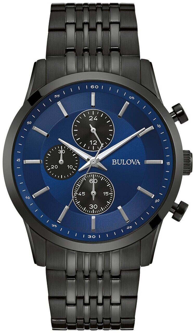 Bulova 98A300 Black Blue Dial Chronograph Steel Watch - Wristwatches