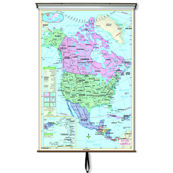 North America Essential Classroom Wall Map on Roller w/ Backboard ...
