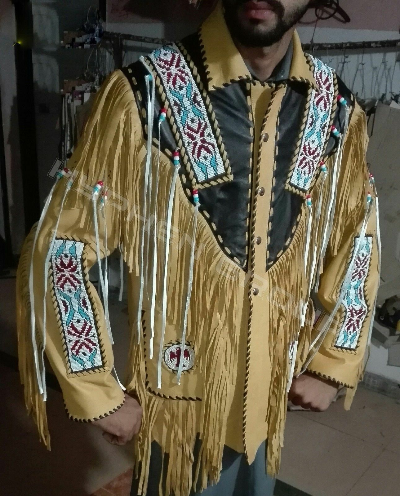 Western Two Tone Beaded Fringes Cow Hide Leather Men Handmade Cow Boy ...