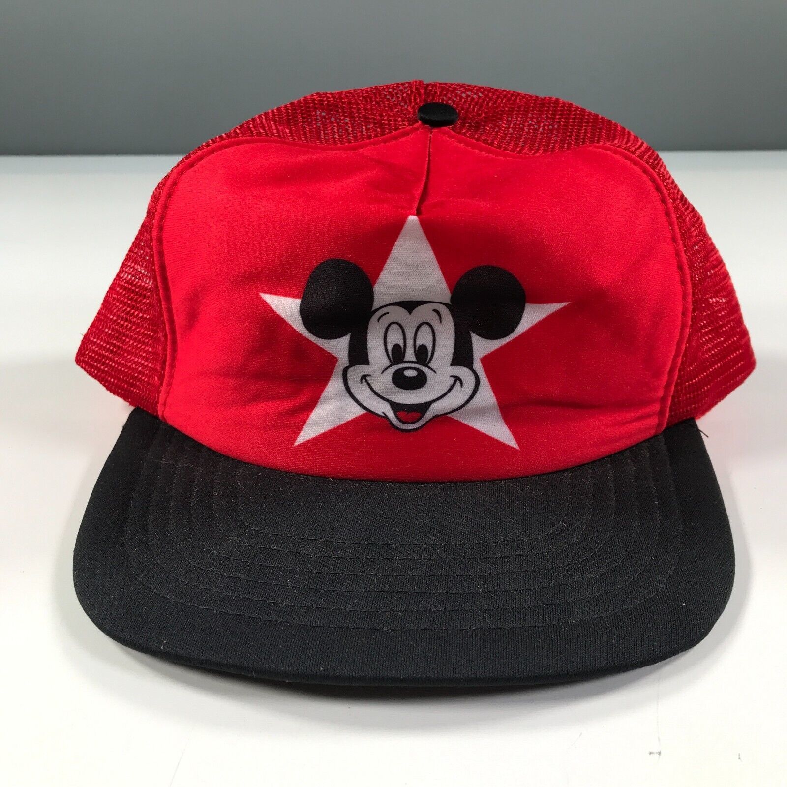Vintage Mickey Mouse Trucker Hat Black Brim Red Dome Smiling Star Logo ...