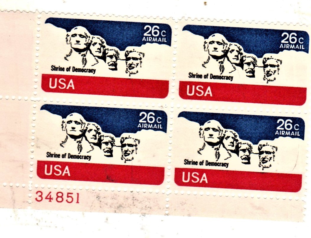 SHRINE of DEMOCRACY, U.S.A AIRMAIL Plate Block of 4 US Postage Stamps ...