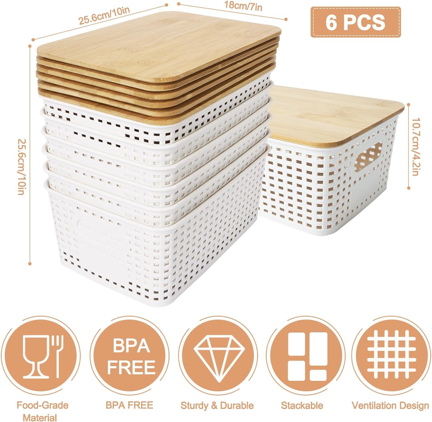 6 Pcs Storage Bins With Bamboo Lids Plastic Baskets Plastic Storage ...