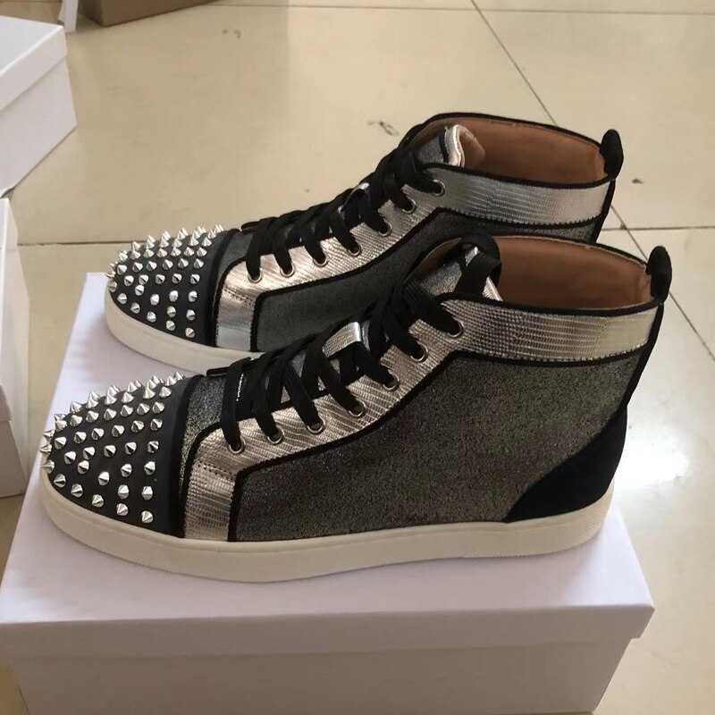 Silver Gray Sneakers Man Pointed Toe Rivet High Top Lace Up Flas For ...
