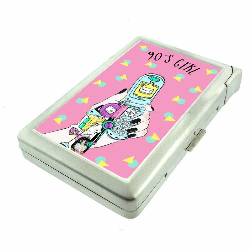 90's Girl Em1 100's Size Cigarette Case with Built in Lighter Metal ...